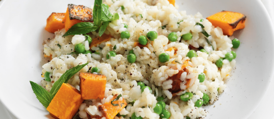 Pumpkin Risotto with Spinach and Baby Peas